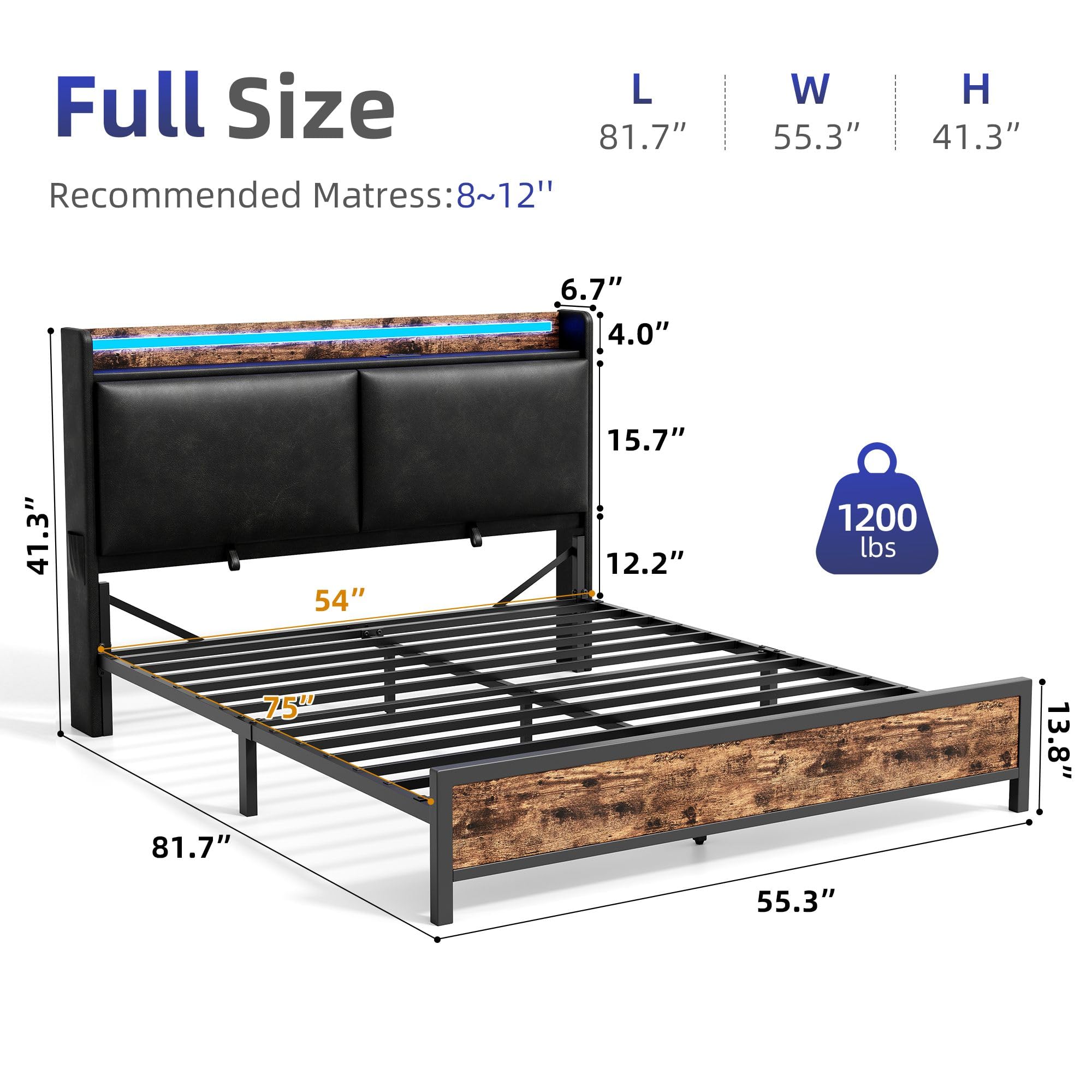 Full Size Bed Frame with Ergonomic Headboard, LED Lights Bed Frame with Hidden Storage, PU Leather Upholstered Platform Metal Bed with Charging Station , No Box Spring Needed, Heavy Duty, Black&Brown