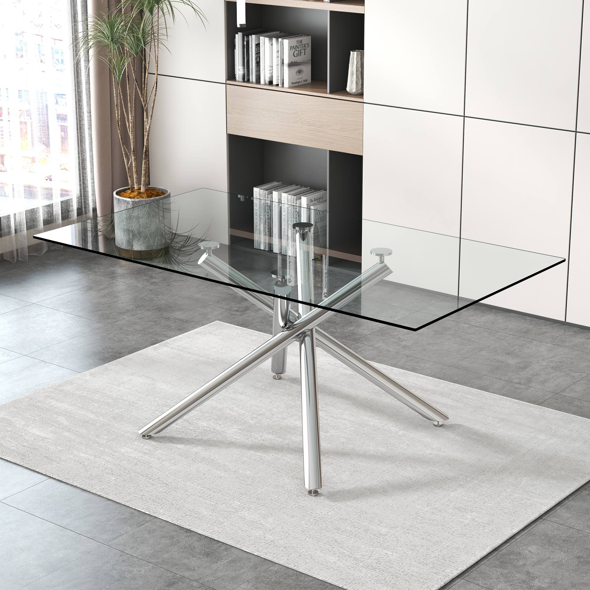 Ball & Cast 71" Modern Glass Dining Table with Rectangular Tempered Tabletop,Dinner Desk W/Silver Chrome Metal Legs,for Home,Kitchen,Dining Room,Office,Silver+Clear