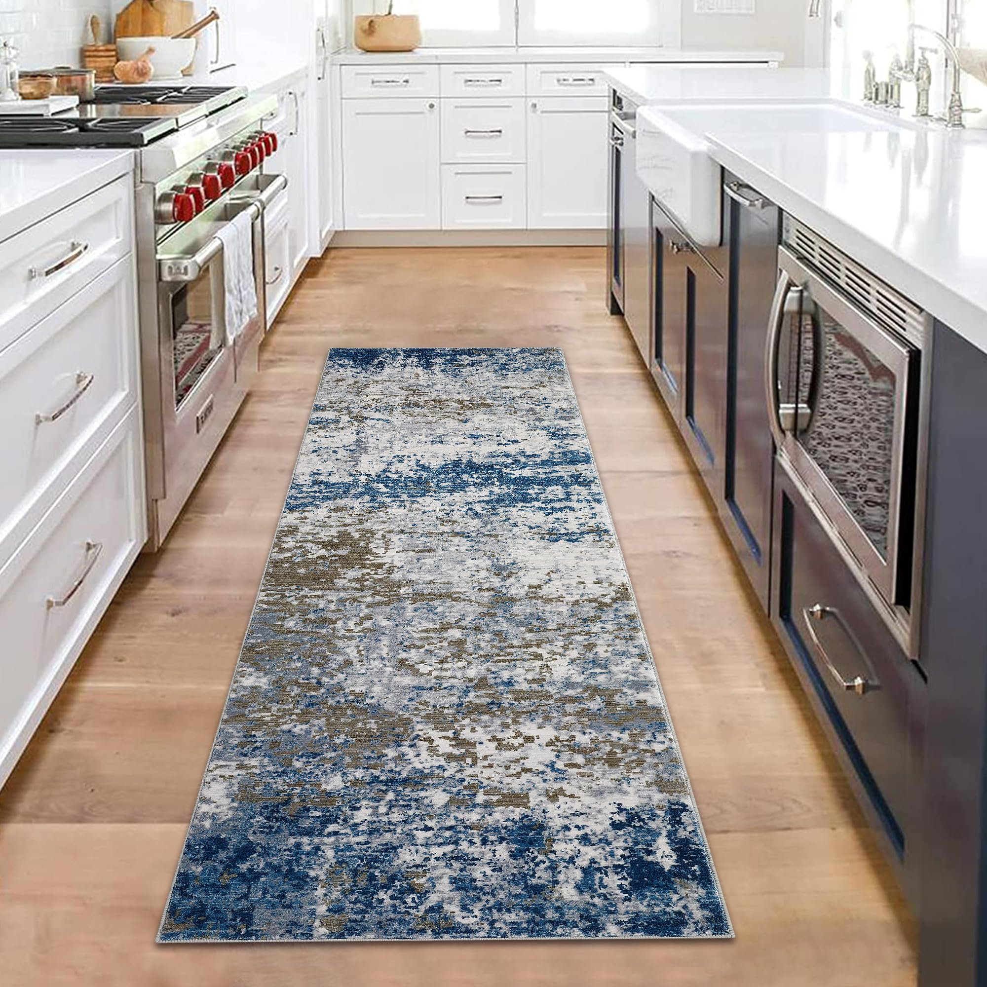 GarveeHome Washable Runner Rug 2x6 Modern Abstract Hallway Rug Soft Laundry Room Rug Non Slip Kitchen Rug Low Pile Accent Rug for Bedroom Bathroom Living Room, Navy