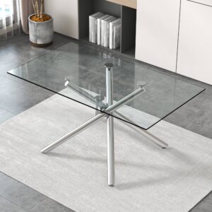 Ball & Cast 71" Modern Glass Dining Table with Rectangular Tempered Tabletop,Dinner Desk W/Silver Chrome Metal Legs,for Home,Kitchen,Dining Room,Office,Silver+Clear