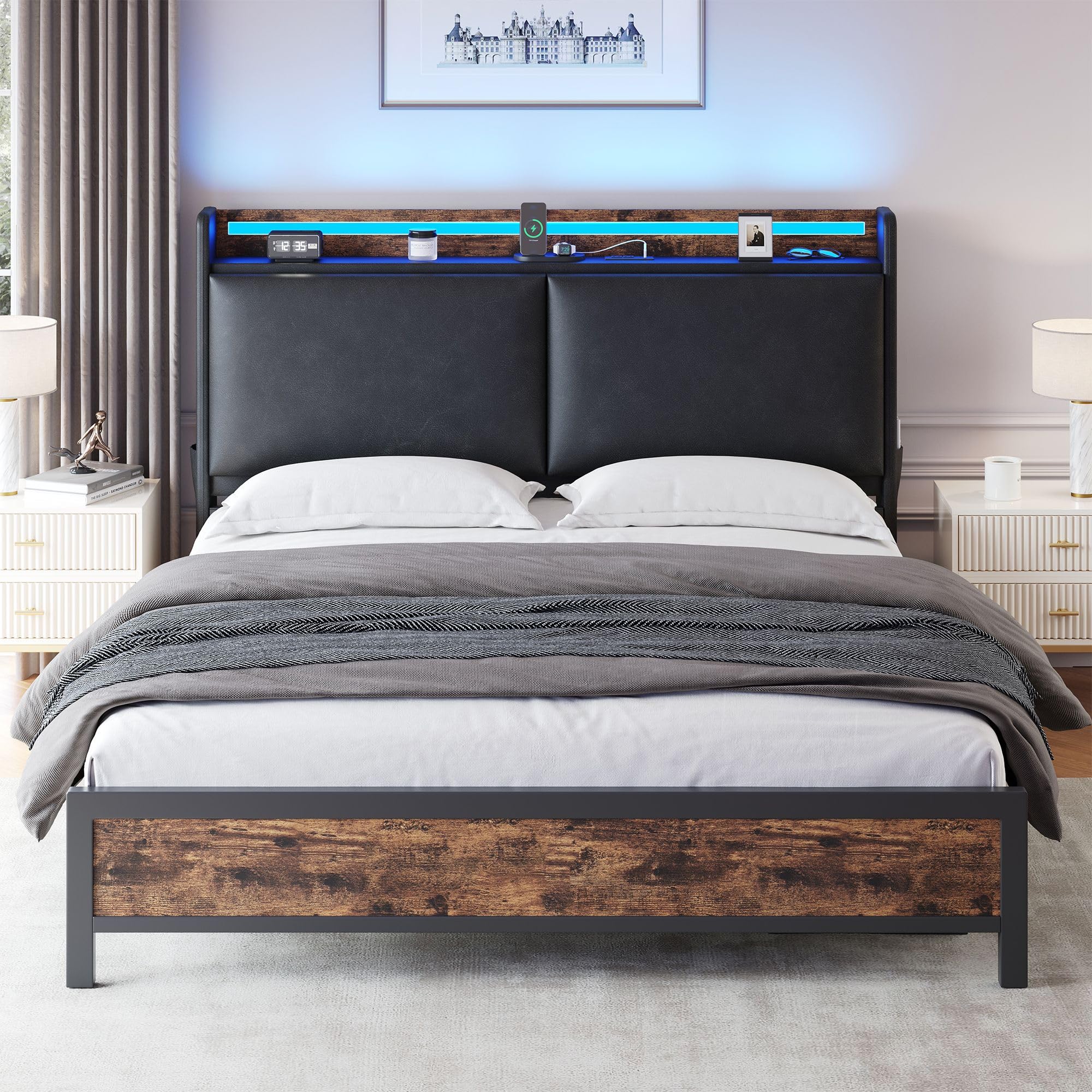 Full Size Bed Frame with Ergonomic Headboard, LED Lights Bed Frame with Hidden Storage, PU Leather Upholstered Platform Metal Bed with Charging Station , No Box Spring Needed, Heavy Duty, Black&Brown