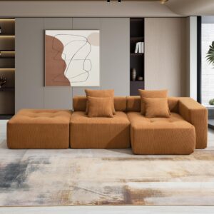 105.5''l shaped modular sectional sofa,minimalist corduroy floor couch set,convertible foam-filled cloud compressed couch for living room,3 pc free combination,no assembly required,brown