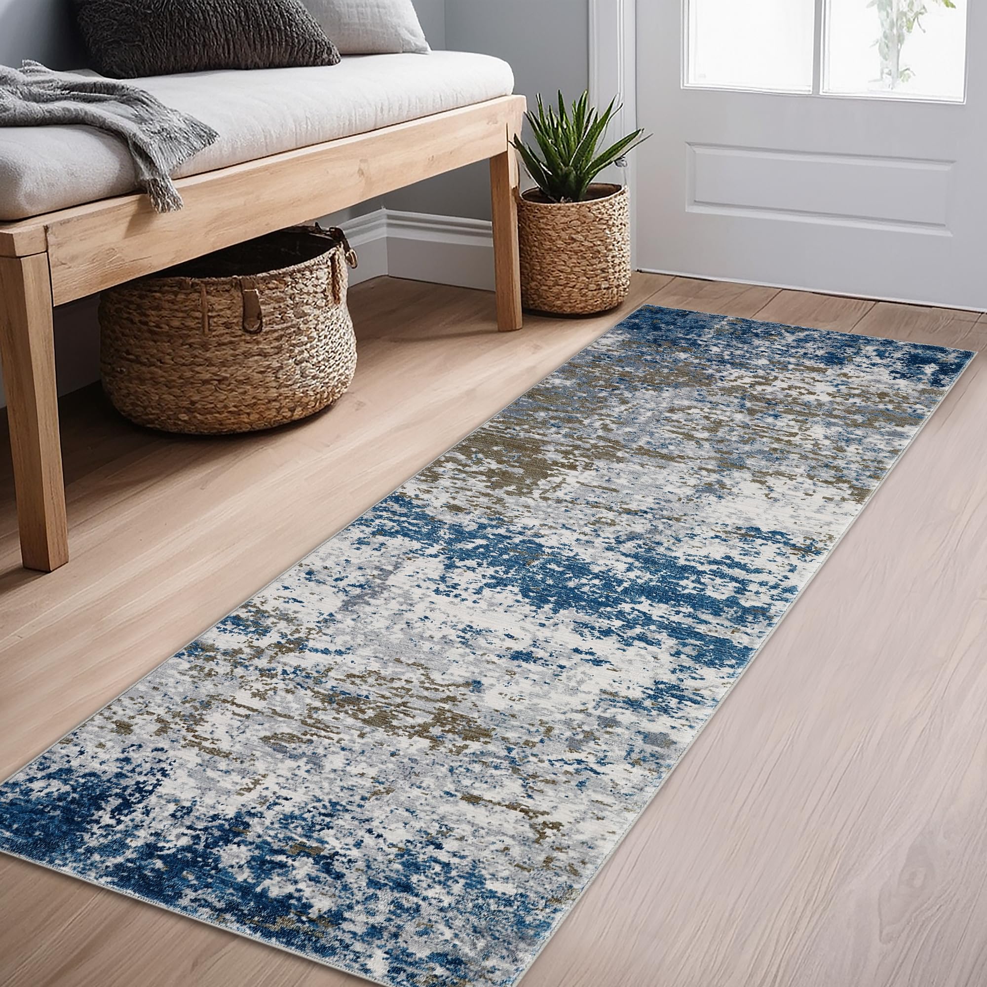 GarveeHome Washable Runner Rug 2x6 Modern Abstract Hallway Rug Soft Laundry Room Rug Non Slip Kitchen Rug Low Pile Accent Rug for Bedroom Bathroom Living Room, Navy