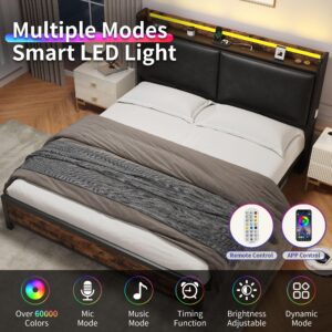 Full Size Bed Frame with Ergonomic Headboard, LED Lights Bed Frame with Hidden Storage, PU Leather Upholstered Platform Metal Bed with Charging Station , No Box Spring Needed, Heavy Duty, Black&Brown