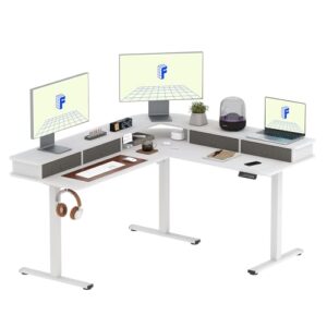 flexispot l shaped standing desk with shelf electric corner table, drawers, adjustable computer workstation for home, office,usb charging port, 63x55in, white top + white frame