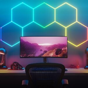 lylunnamsp Hexagon Garage Lights Ceiling LED, Honeycomb Lights, RGB Hexagon Garage Light with Remote, 6500K, Aluminum Hexagonal Shop Lights for Gaming Room Bar Party Live Room,Multi Colored,5 HEX