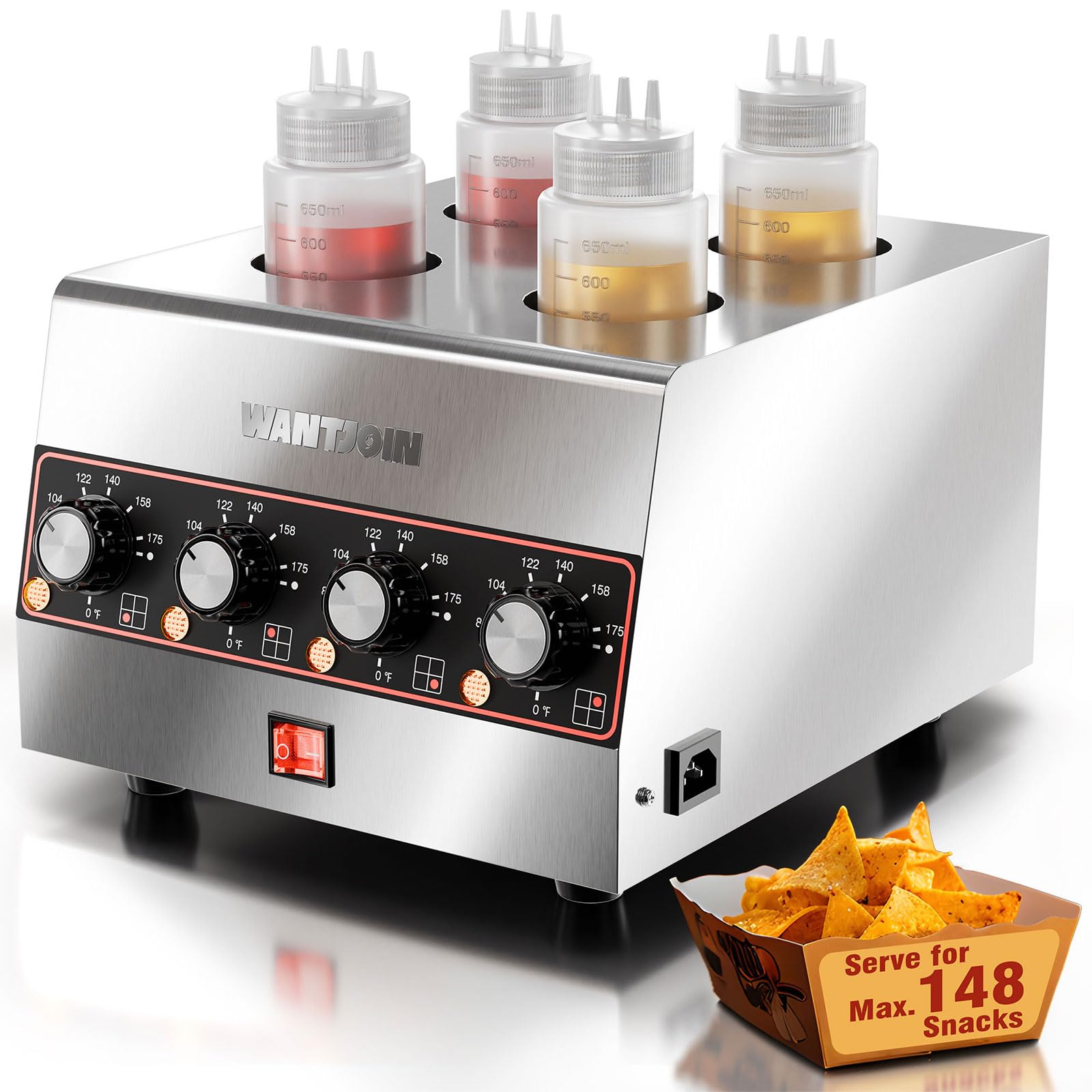 WantJoin Electric Sauce Warmer Dispenser, Countertop Stainless Steel Sauce Heat Preservation Machine 320W Hot Fudge Nacho Cheese Ketchup Chocolate Warmer for Commercial with 650ml Squeeze Bottle*4