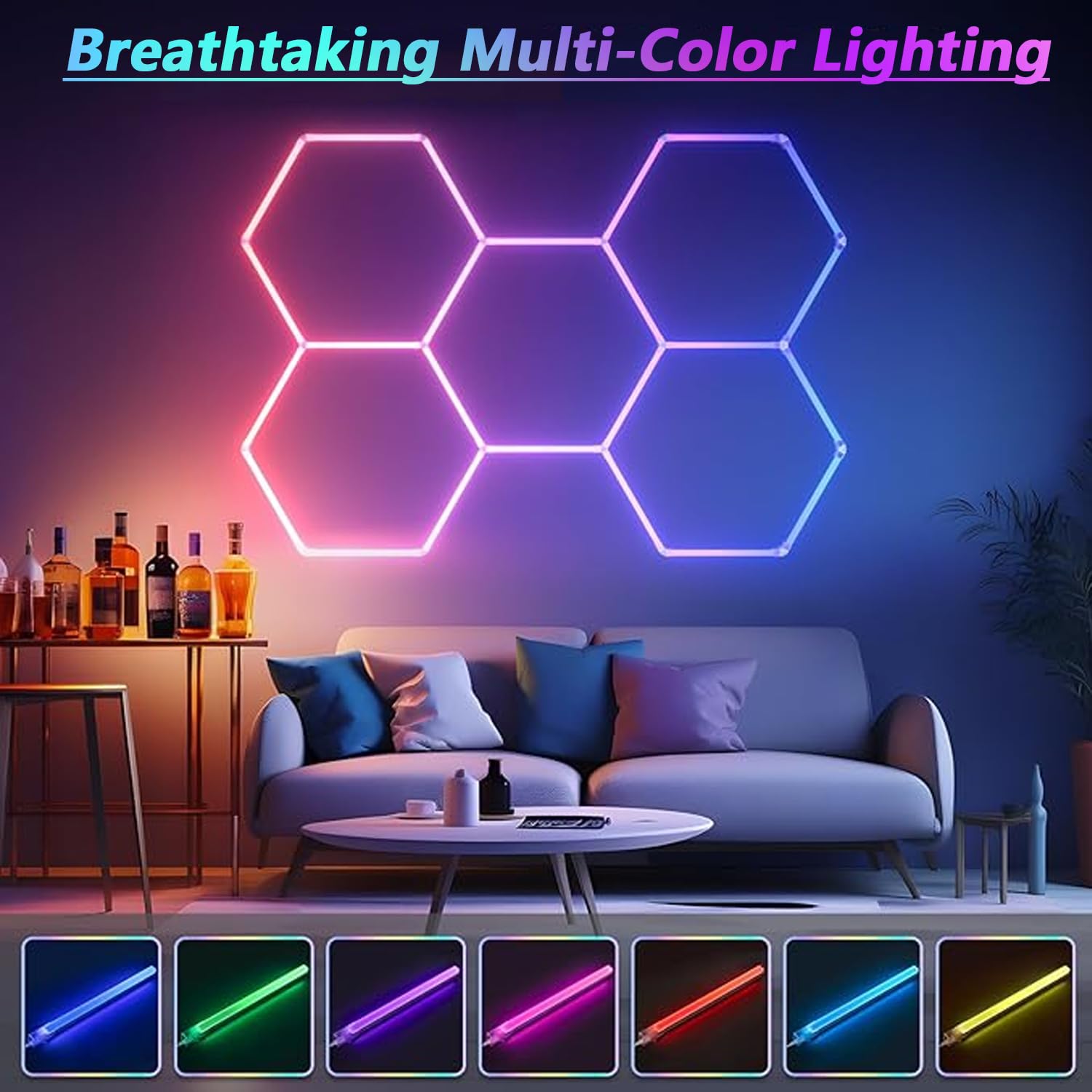 lylunnamsp Hexagon Garage Lights Ceiling LED, Honeycomb Lights, RGB Hexagon Garage Light with Remote, 6500K, Aluminum Hexagonal Shop Lights for Gaming Room Bar Party Live Room,Multi Colored,5 HEX