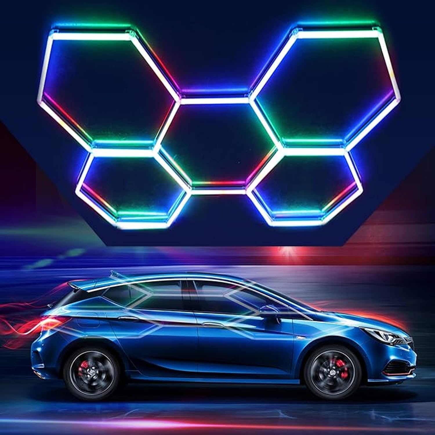 lylunnamsp Hexagon Garage Lights Ceiling LED, Honeycomb Lights, RGB Hexagon Garage Light with Remote, 6500K, Aluminum Hexagonal Shop Lights for Gaming Room Bar Party Live Room,Multi Colored,5 HEX