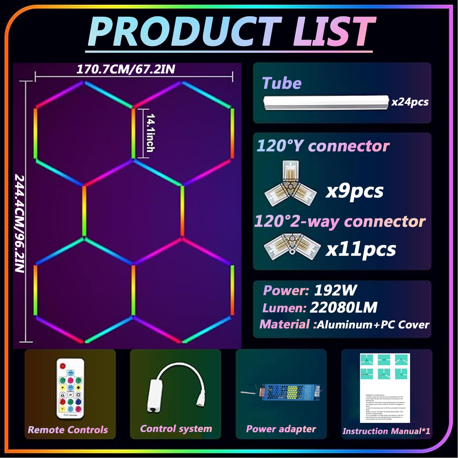 lylunnamsp Hexagon Garage Lights Ceiling LED, Honeycomb Lights, RGB Hexagon Garage Light with Remote, 6500K, Aluminum Hexagonal Shop Lights for Gaming Room Bar Party Live Room,Multi Colored,5 HEX