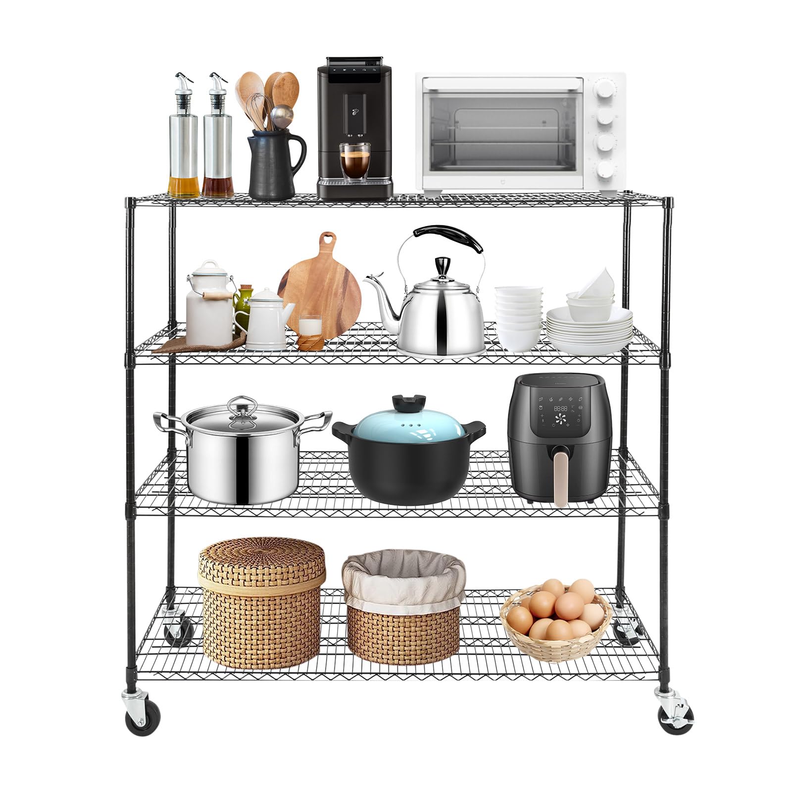 Metal Shelving Unit With Wheels, 4-Tier Wire Shelving, With Four Universal Wheels，Adjustable Support, Freestanding Heavy Duty Metal Wire Storage Shelf Rack For Warehouse, Industrial Or Commercial Etc