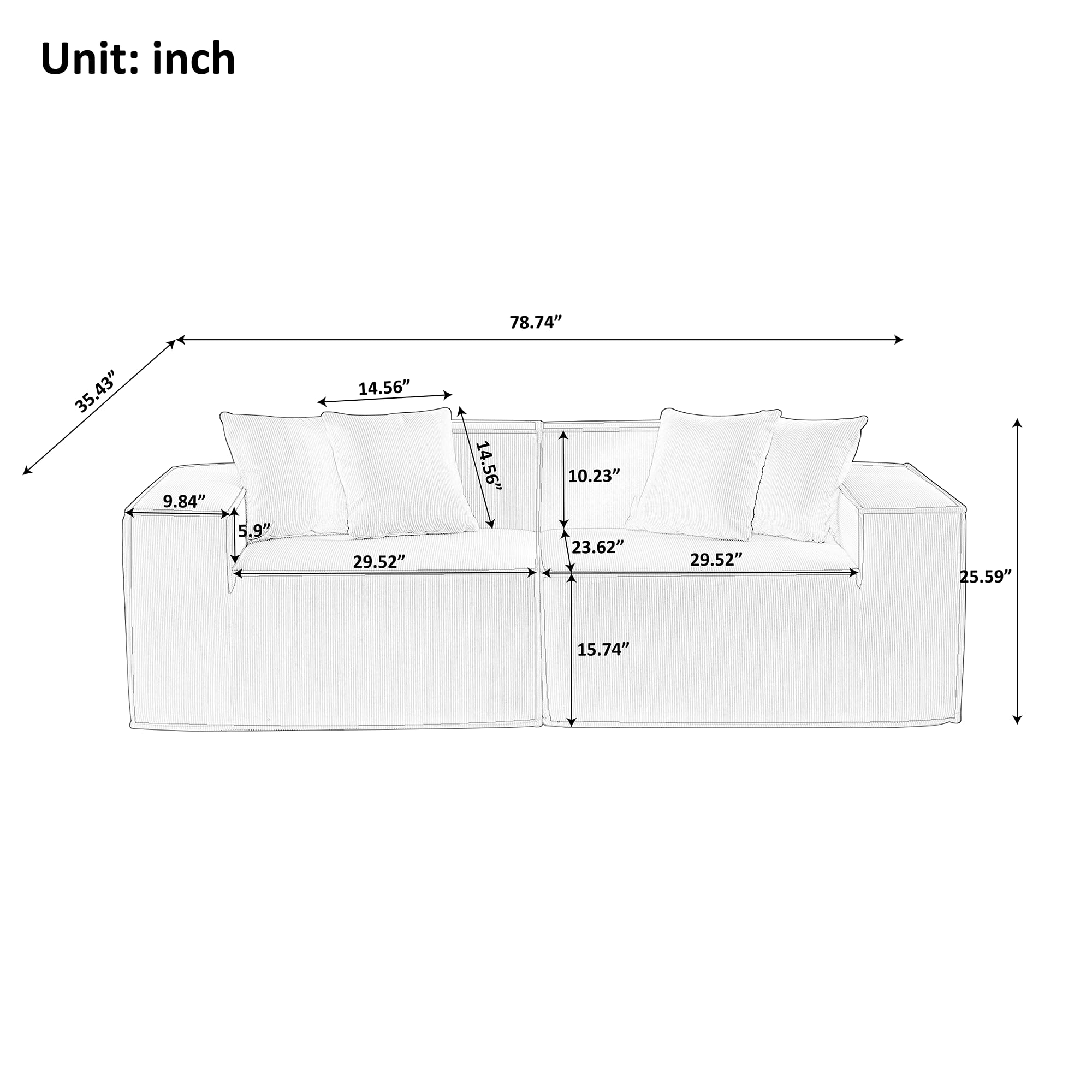 VASOENY 78.74" Modern Loveseat Sofa, Soft Corduroy Love Seat Couch, Comfy Leisure 2 Seater Sofa with 2 Waist Pillow for Living Room, Bedroom, Office, No Assembly Required