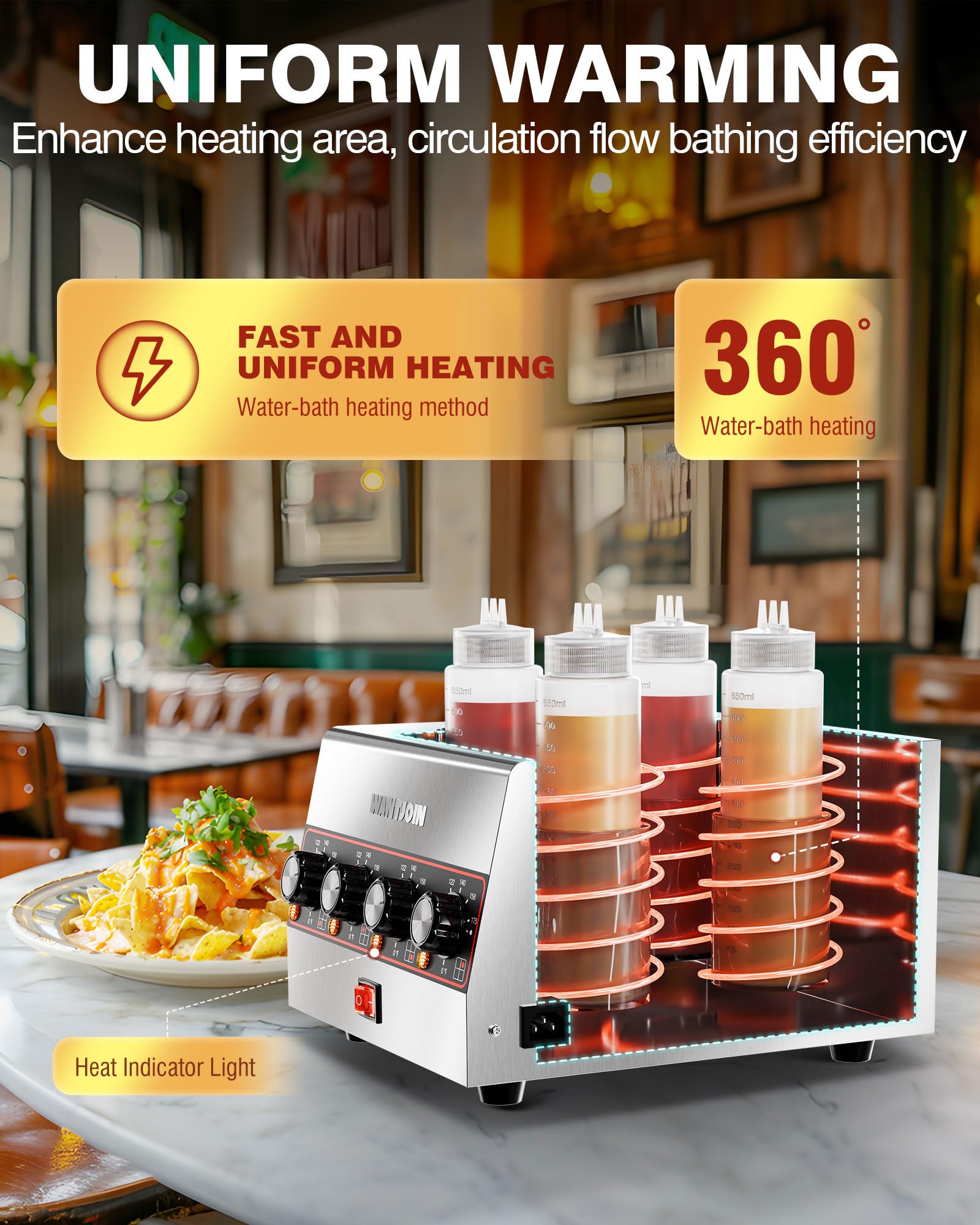 WantJoin Electric Sauce Warmer Dispenser, Countertop Stainless Steel Sauce Heat Preservation Machine 320W Hot Fudge Nacho Cheese Ketchup Chocolate Warmer for Commercial with 650ml Squeeze Bottle*4