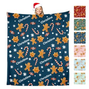 personalized christmas blanket, custom name gingerbread christmas throw blanket for kids family, soft warm flannel xmas blanket holiday blanket for couch sofa bed, xmas gifts christmas prensent