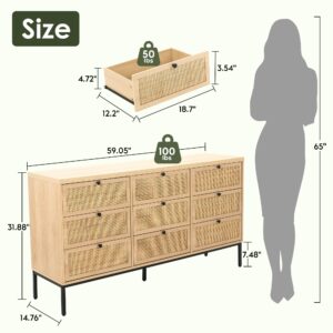 Yechen Natural Rattan 9 Drawer Dresser, 59" Wide Light Wood Chest of Drawers, Large Boho Oak Dressers with Smooth Metal Slides, Mid-century Dresser TV Stand Drawer Organizer for Bedroom Nursery Closet