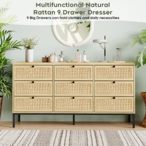 Yechen Natural Rattan 9 Drawer Dresser, 59" Wide Light Wood Chest of Drawers, Large Boho Oak Dressers with Smooth Metal Slides, Mid-century Dresser TV Stand Drawer Organizer for Bedroom Nursery Closet