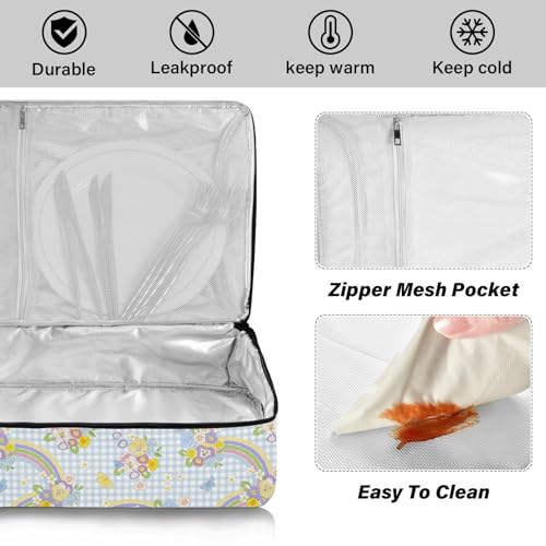 Kcldeci Insulated Thermal Food Carrier Insulated Casserole Carrier for Hot or Cold Food,Butterfly Rainbow on Gingham Plaid Insulated Tote Bag for Potluck Cookouts Parties Picnic,Lasagna Lugger