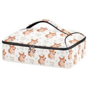 kcldeci insulated thermal food carrier insulated casserole carrier for hot or cold food,dog happy corgi insulated tote bag for potluck cookouts parties picnic,lasagna lugger