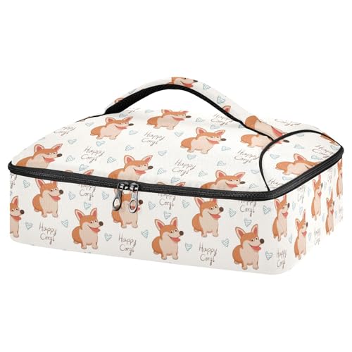 Kcldeci Insulated Thermal Food Carrier Insulated Casserole Carrier for Hot or Cold Food,Dog Happy Corgi Insulated Tote Bag for Potluck Cookouts Parties Picnic,Lasagna Lugger