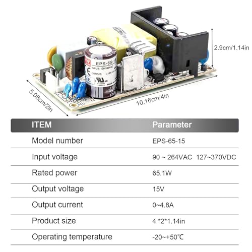 TorqCali EPS-65-15 65W Single Output Switching Power Supply 15V 4.34A, 87% Efficiency, Universal AC Input, Industrial Grade, for Automation Equipmentand Industrial Applications