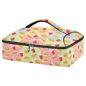 kcldeci insulated thermal food carrier insulated casserole carrier for hot or cold food,cartoon pizza burgers and hot dogs insulated tote bag for potluck cookouts parties picnic,lasagna lugger