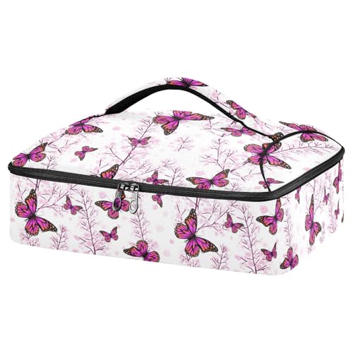 Kcldeci Insulated Thermal Food Carrier Insulated Casserole Carrier for Hot or Cold Food,Small Pink Flowers with Butterflies Insulated Tote Bag for Potluck Cookouts Parties Picnic,Lasagna Lugger