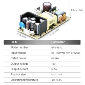 TorqCali EPS-65-12 65W Single Output Switching Power Supply 12V 5.42A, 86% Efficiency, Universal AC Input, Industrial Grade, for Automation, Test & Measurement, and Industrial Applications