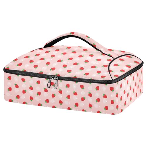 Kcldeci Insulated Thermal Food Carrier Insulated Casserole Carrier for Hot or Cold Food,Fruit Pattern on Pink Background Insulated Tote Bag for Potluck Cookouts Parties Picnic,Lasagna Lugger