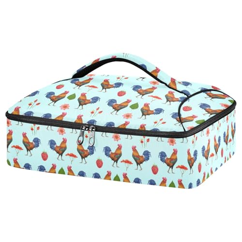 Kcldeci Insulated Thermal Food Carrier Insulated Casserole Carrier for Hot or Cold Food,Roosters Berries Insulated Tote Bag for Potluck Cookouts Parties Picnic,Lasagna Lugger