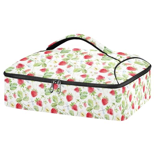 Kcldeci Insulated Thermal Food Carrier Insulated Casserole Carrier for Hot or Cold Food,Strawberry Insulated Tote Bag for Potluck Cookouts Parties Picnic,Lasagna Lugger