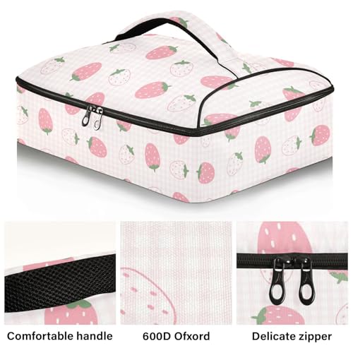 Kcldeci Insulated Thermal Food Carrier Insulated Casserole Carrier for Hot or Cold Food,Strawberry on Checkered Insulated Tote Bag for Potluck Cookouts Parties Picnic,Lasagna Lugger