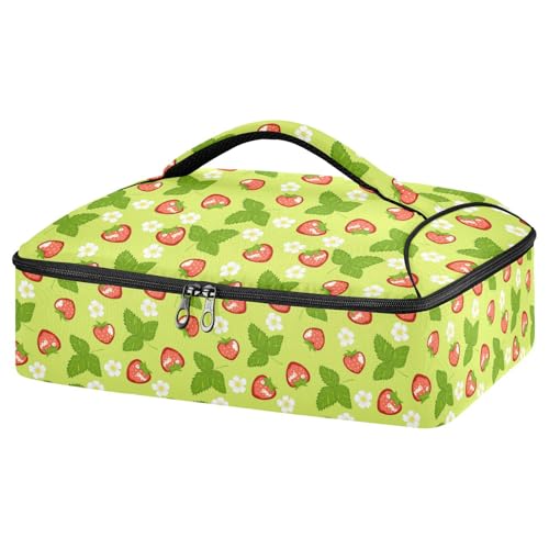 Kcldeci Insulated Thermal Food Carrier Insulated Casserole Carrier for Hot or Cold Food,Strawberries and White Flowers Insulated Tote Bag for Potluck Cookouts Parties Picnic,Lasagna Lugger