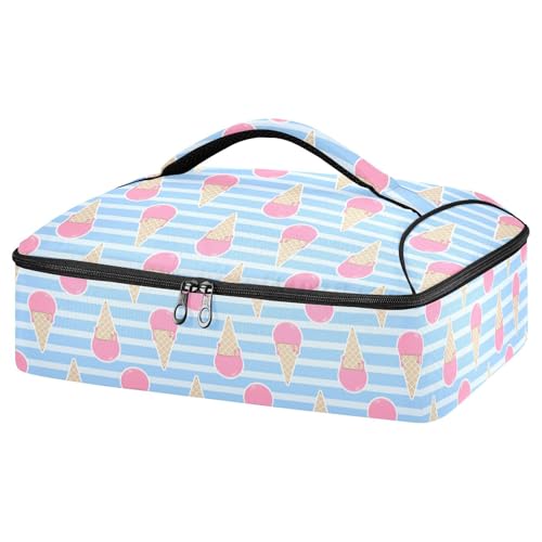 Kcldeci Insulated Thermal Food Carrier Insulated Casserole Carrier for Hot or Cold Food,Pink Ice Cream Blue Striped Insulated Tote Bag for Potluck Cookouts Parties Picnic,Lasagna Lugger