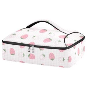 kcldeci insulated thermal food carrier insulated casserole carrier for hot or cold food,strawberry on checkered insulated tote bag for potluck cookouts parties picnic,lasagna lugger