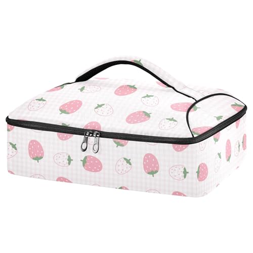 Kcldeci Insulated Thermal Food Carrier Insulated Casserole Carrier for Hot or Cold Food,Strawberry on Checkered Insulated Tote Bag for Potluck Cookouts Parties Picnic,Lasagna Lugger