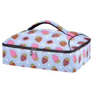 kcldeci insulated thermal food carrier insulated casserole carrier for hot or cold food,valentine's day hearts strawberries insulated tote bag for potluck cookouts parties picnic,lasagna lugger