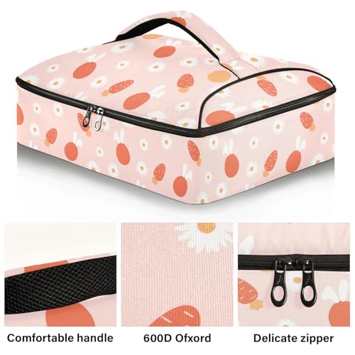 Kcldeci Insulated Thermal Food Carrier Insulated Casserole Carrier for Hot or Cold Food,Rabbit Ears Carrots and Daisy Flower Insulated Tote Bag for Potluck Cookouts Parties Picnic,Lasagna Lugger