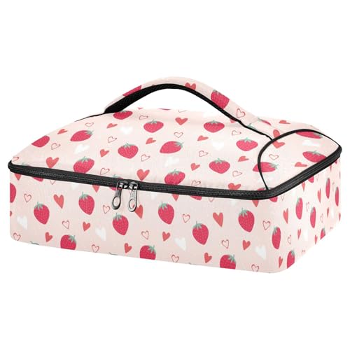 Kcldeci Insulated Thermal Food Carrier Insulated Casserole Carrier for Hot or Cold Food,Red Strawberry and Heart Insulated Tote Bag for Potluck Cookouts Parties Picnic,Lasagna Lugger