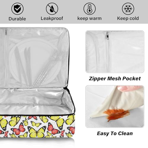 Kcldeci Insulated Thermal Food Carrier Insulated Casserole Carrier for Hot or Cold Food,Yellow and Red Butterfly Insulated Tote Bag for Potluck Cookouts Parties Picnic,Lasagna Lugger