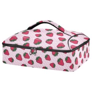 kcldeci insulated thermal food carrier insulated casserole carrier for hot or cold food,red strawberries with dot polka insulated tote bag for potluck cookouts parties picnic,lasagna lugger