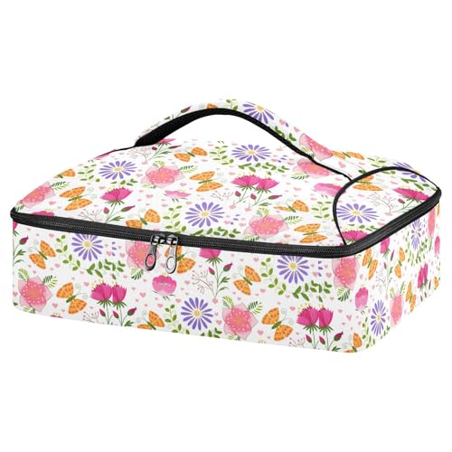 Kcldeci Insulated Thermal Food Carrier Insulated Casserole Carrier for Hot or Cold Food,Springtime Colorful Flower Butterfly Insulated Tote Bag for Potluck Cookouts Parties Picnic,Lasagna Lugger