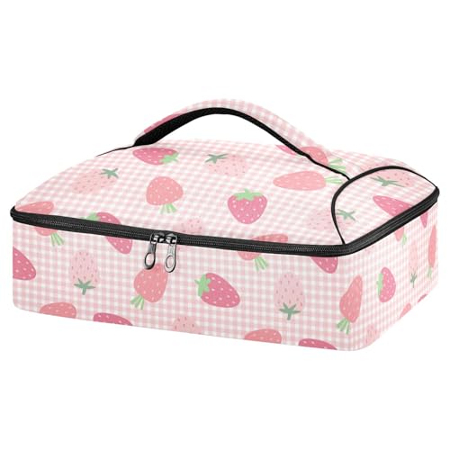 Kcldeci Insulated Thermal Food Carrier Insulated Casserole Carrier for Hot or Cold Food,Strawberry on Checkered (2) Insulated Tote Bag for Potluck Cookouts Parties Picnic,Lasagna Lugger