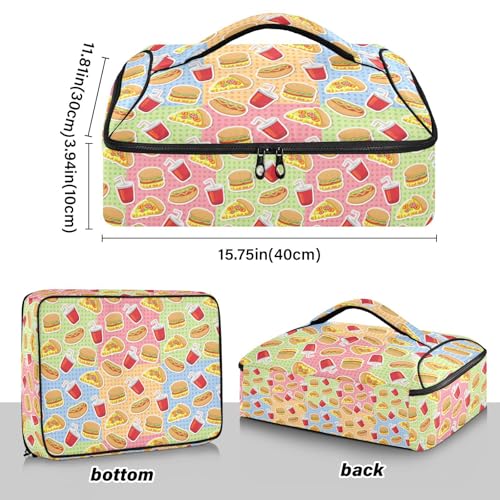 Kcldeci Insulated Thermal Food Carrier Insulated Casserole Carrier for Hot or Cold Food,Cartoon Pizza Burgers and Hot Dogs Insulated Tote Bag for Potluck Cookouts Parties Picnic,Lasagna Lugger