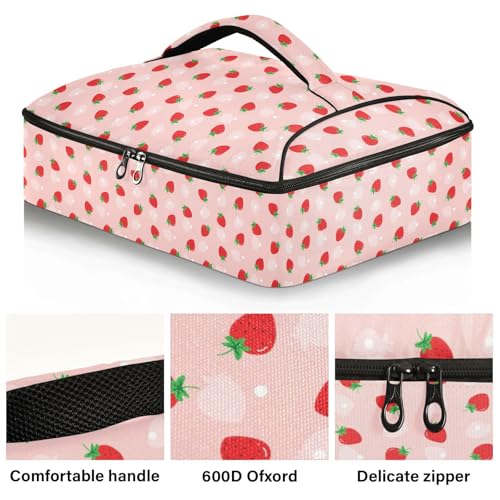 Kcldeci Insulated Thermal Food Carrier Insulated Casserole Carrier for Hot or Cold Food,Fruit Pattern on Pink Background Insulated Tote Bag for Potluck Cookouts Parties Picnic,Lasagna Lugger