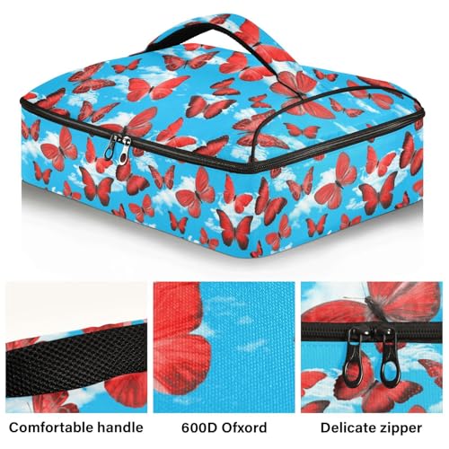 Kcldeci Insulated Thermal Food Carrier Insulated Casserole Carrier for Hot or Cold Food,Red Butterflies Blue Sky Insulated Tote Bag for Potluck Cookouts Parties Picnic,Lasagna Lugger