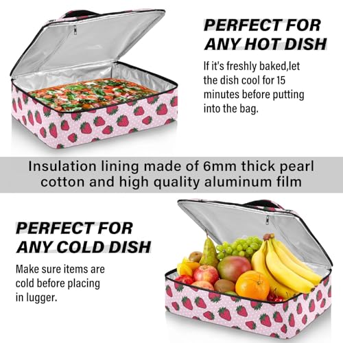 Kcldeci Insulated Thermal Food Carrier Insulated Casserole Carrier for Hot or Cold Food,Red Strawberries with Dot Polka Insulated Tote Bag for Potluck Cookouts Parties Picnic,Lasagna Lugger