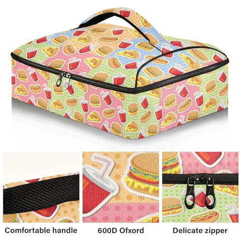 Kcldeci Insulated Thermal Food Carrier Insulated Casserole Carrier for Hot or Cold Food,Cartoon Pizza Burgers and Hot Dogs Insulated Tote Bag for Potluck Cookouts Parties Picnic,Lasagna Lugger