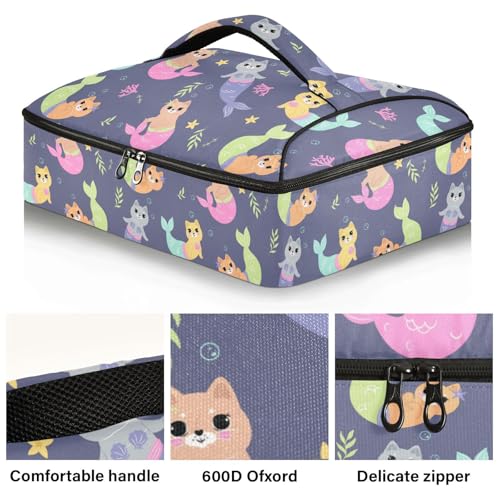 Kcldeci Insulated Thermal Food Carrier Insulated Casserole Carrier for Hot or Cold Food,Cute Mermaid Cats Insulated Tote Bag for Potluck Cookouts Parties Picnic,Lasagna Lugger