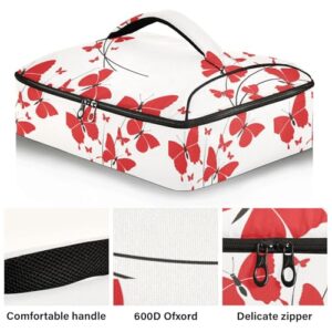 Kcldeci Insulated Thermal Food Carrier Insulated Casserole Carrier for Hot or Cold Food,Red Butterflies Insulated Tote Bag for Potluck Cookouts Parties Picnic,Lasagna Lugger