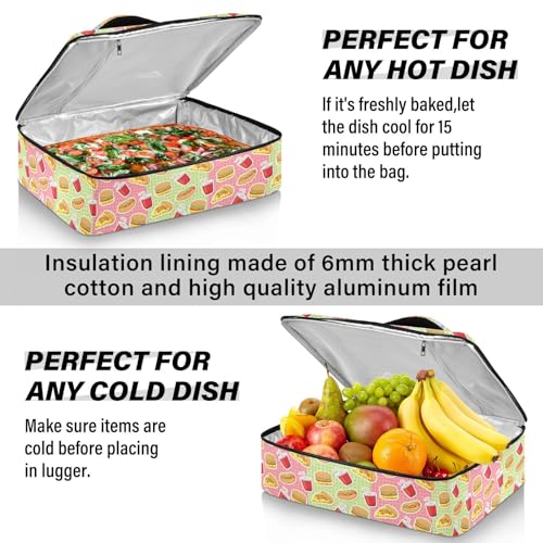 Kcldeci Insulated Thermal Food Carrier Insulated Casserole Carrier for Hot or Cold Food,Cartoon Pizza Burgers and Hot Dogs Insulated Tote Bag for Potluck Cookouts Parties Picnic,Lasagna Lugger